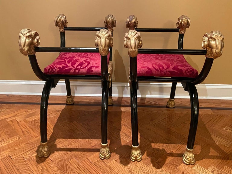 Pair of Hollywood Regency Rams Heads Foot Stools, Piano Benches, Ebony ...