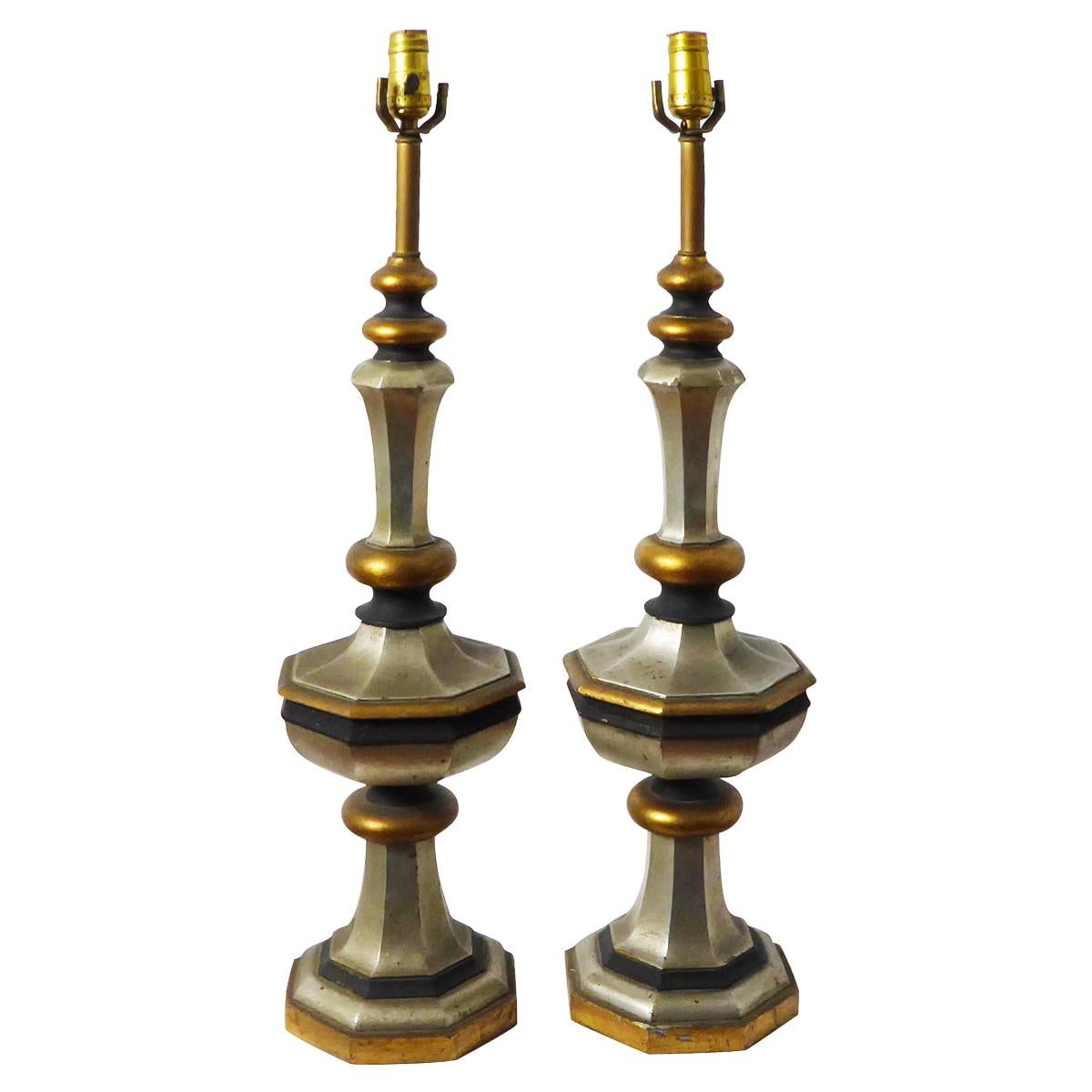 Pair of Hollywood Regency Silver Painted Table Lamps with Gold and ...