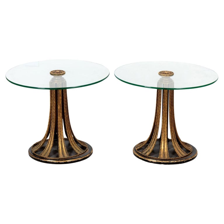 Pair of Hollywood Regency Style Glass Top Side Tables For Sale at 1stDibs