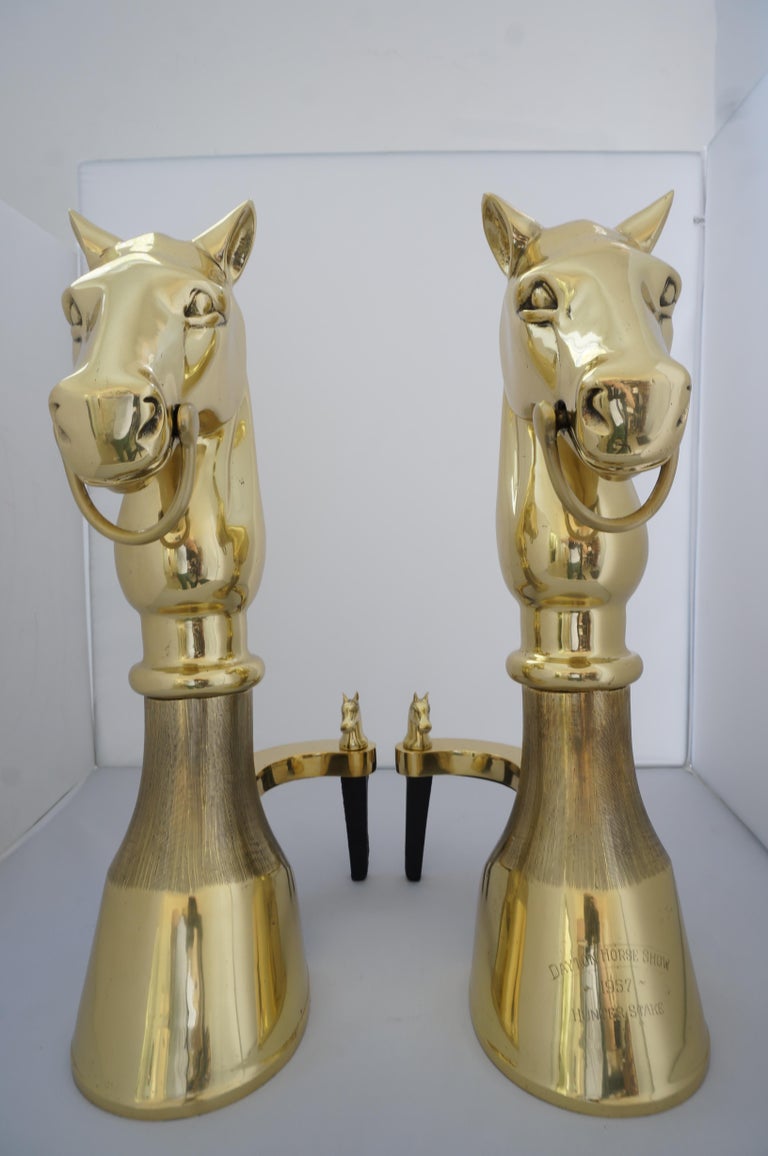 Pair of Horse Trophy Brass Chenets For Sale at 1stDibs