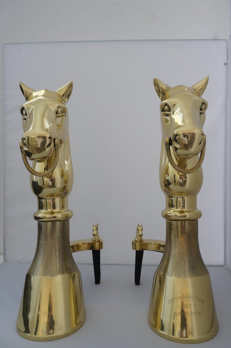 Pair of Horse Trophy Brass Chenets For Sale at 1stDibs