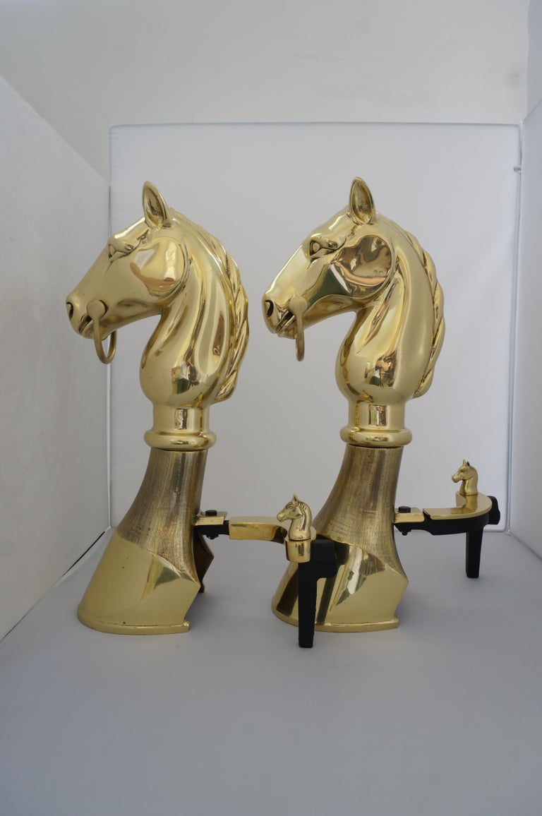 Pair of Horse Trophy Brass Chenets For Sale at 1stDibs