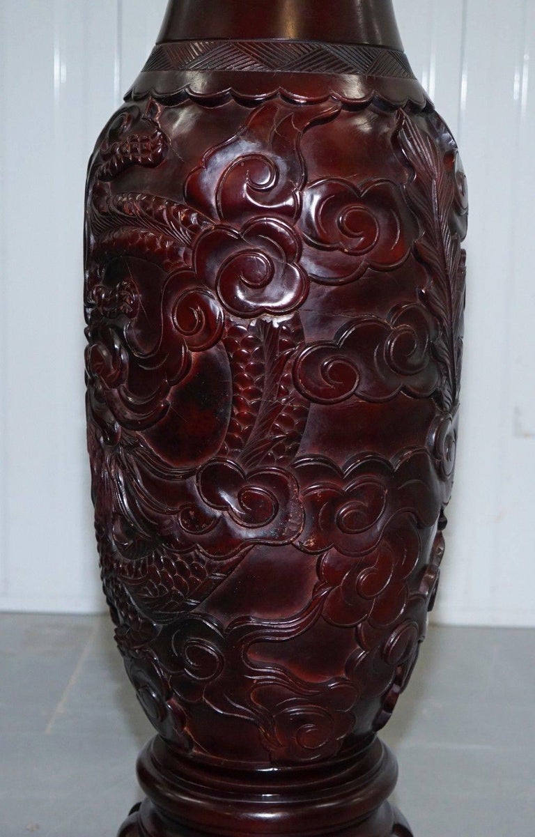 Pair of Huge Chinese Hand-Carved Wood Cinnabar Dragon and Bird Vases at ...