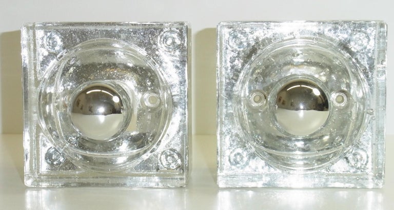 Pair of Ice Glass Cube Sconces or Flush Mounts, Wila Leuchten, Germany ...