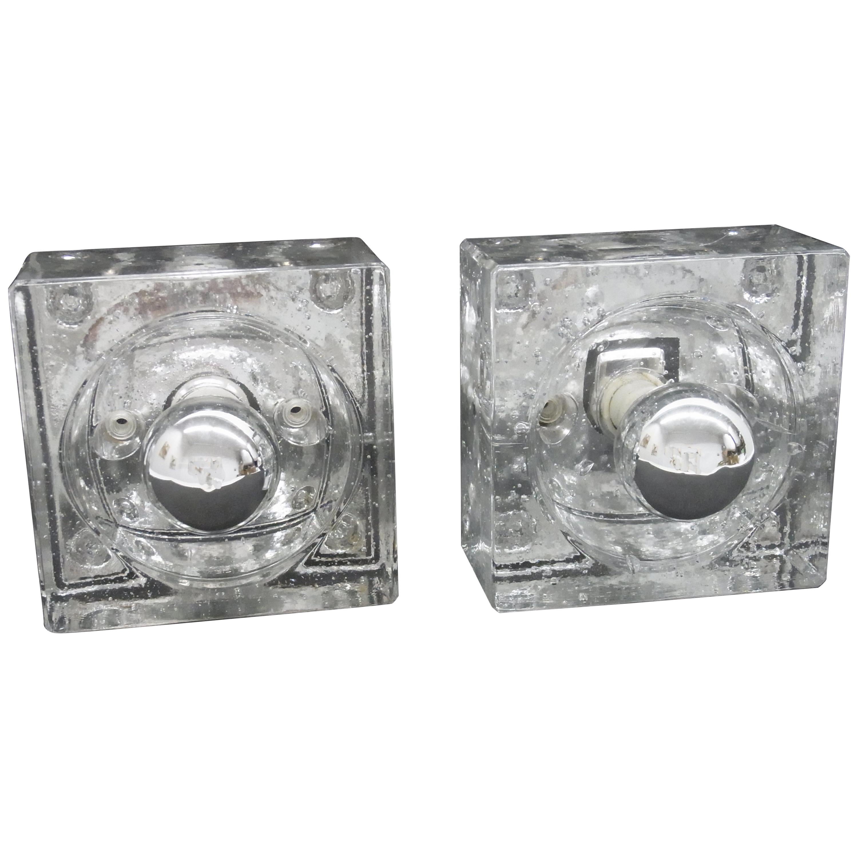 Pair of Ice Glass Cube Sconces or Flush Mounts, Wila Leuchten, Germany ...