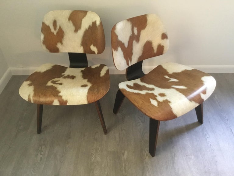 Pair of Iconic LCW Eames Chairs with Faux Cowhide Finish by Lynn Curlee ...
