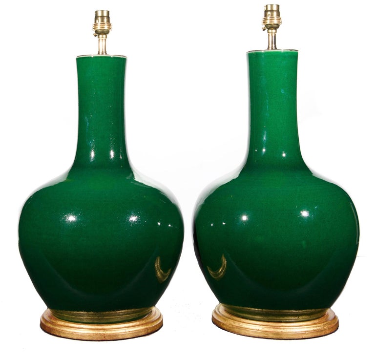 Pair of Imperial Green Porcelain Straight Neck Table Lamps For Sale at ...