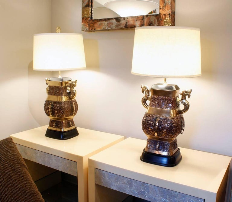 Pair of Impressive Bronze Chinese Urn Table Lamps at 1stDibs