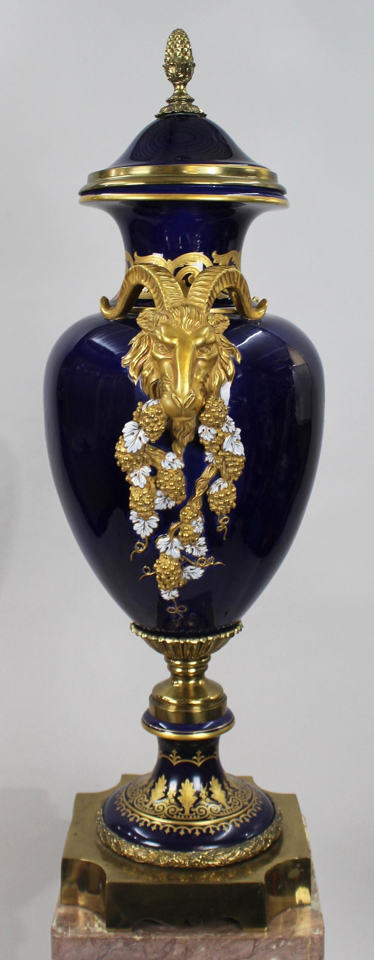 Pair of Impressive Cobalt Blue Gilt Rams Head Lidded Urns For Sale at ...