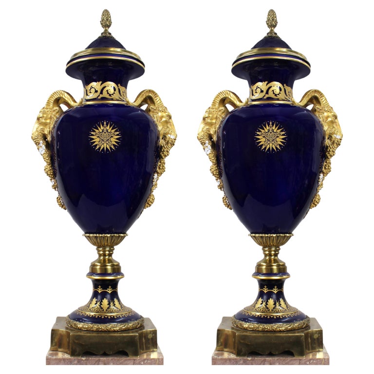 Pair of Impressive Cobalt Blue Gilt Rams Head Lidded Urns For Sale at ...