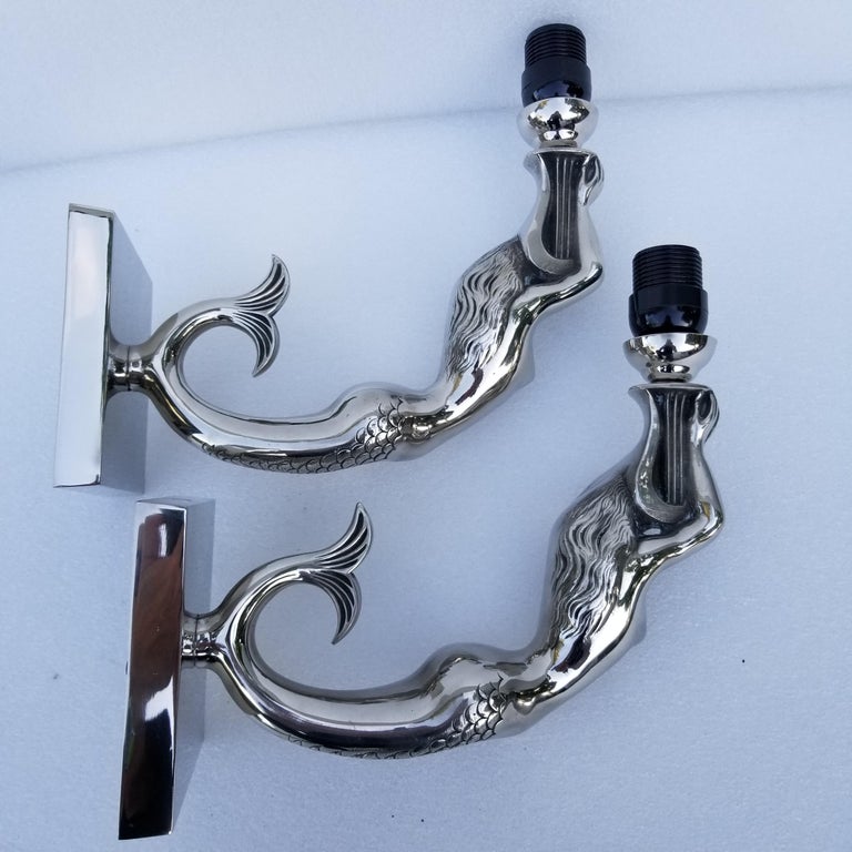 Pair of Impressive Nickel-Plated Bronze Mermaid Sconces For Sale at 1stDibs