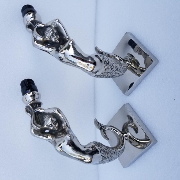 Pair of Impressive Nickel-Plated Bronze Mermaid Sconces For Sale at 1stDibs