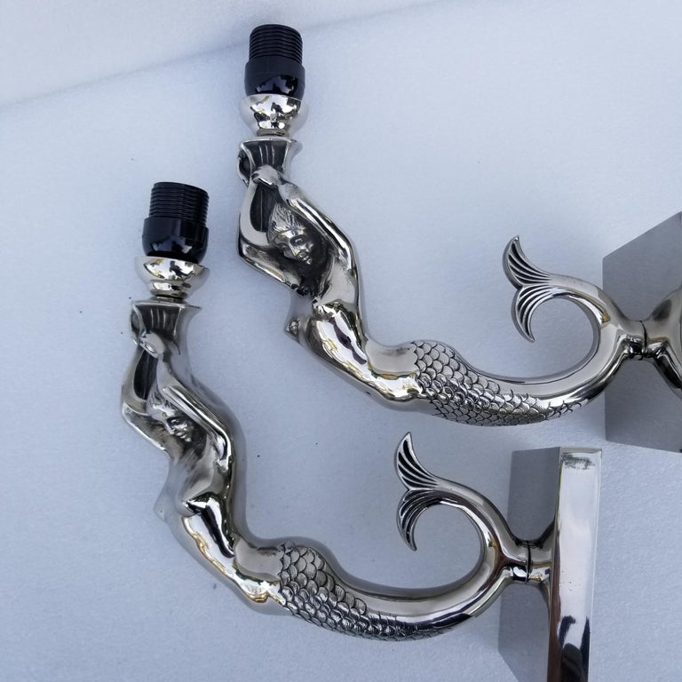 Pair of Impressive Nickel-Plated Bronze Mermaid Sconces For Sale at 1stDibs