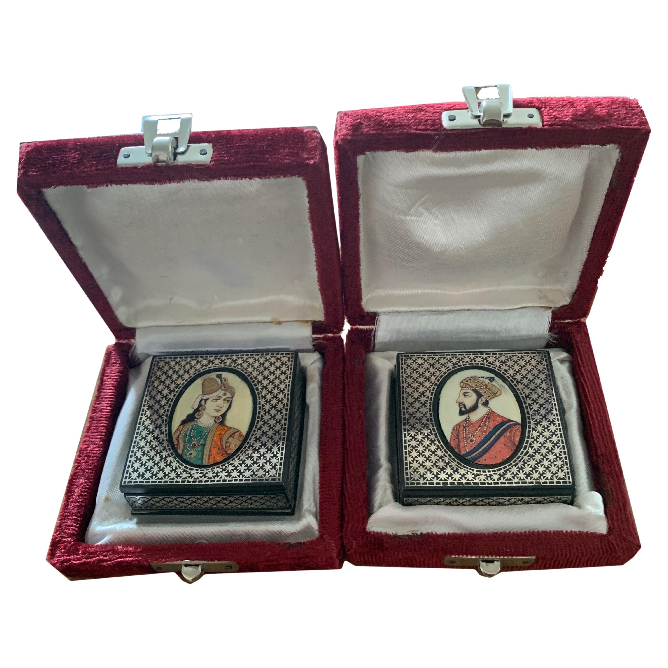 Pair of Indian Hand painted Portrait Boxes with silver inlay For Sale ...