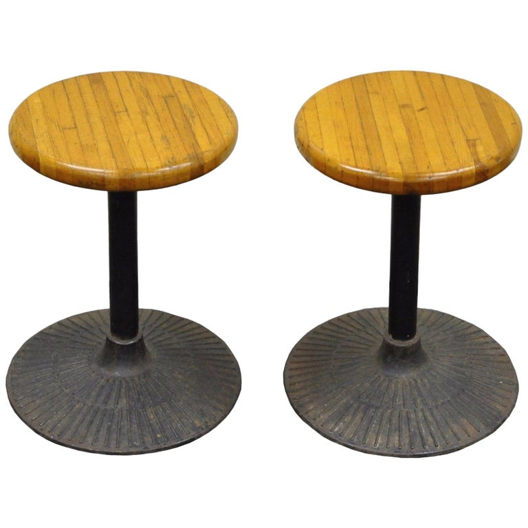 Pair of Industrial Cast Iron and Butcher Block Swivel Low Bar Stools ...