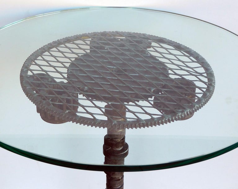 Pair of Industrial Cast Iron Gear Wheel Tables with Circular Glass Tops ...
