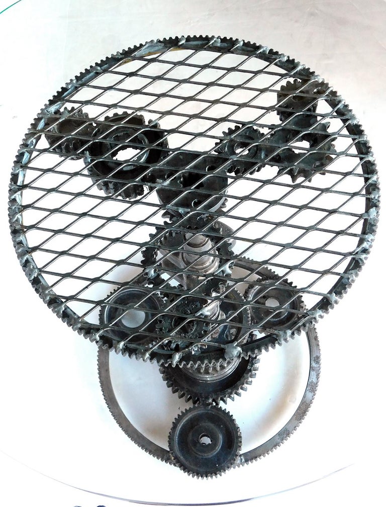 Pair of Industrial Cast Iron Gear Wheel Tables with Circular Glass Tops ...