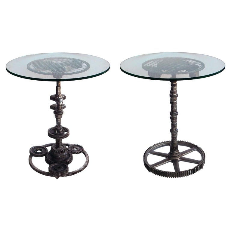 Pair of Industrial Cast Iron Gear Wheel Tables with Circular Glass Tops ...