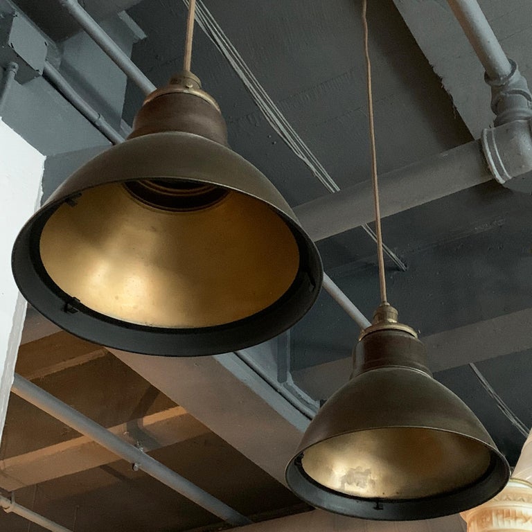 Pair of Industrial Factory Gunmetal Dome Pendant Lights For Sale at 1stDibs