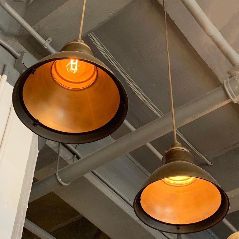 Pair of Industrial Factory Gunmetal Dome Pendant Lights For Sale at 1stDibs