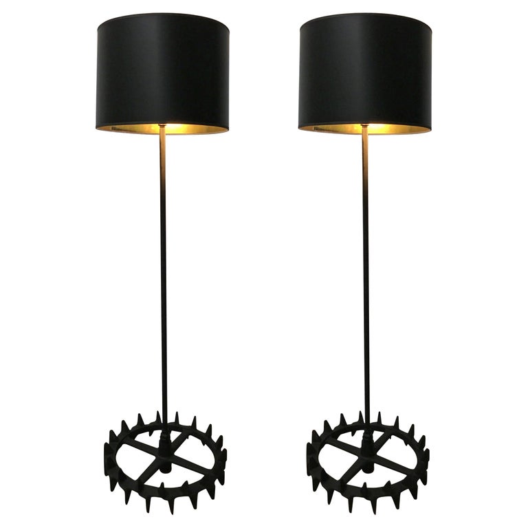 Pair of Industrial Iron Gear Floor Lamps For Sale at 1stDibs
