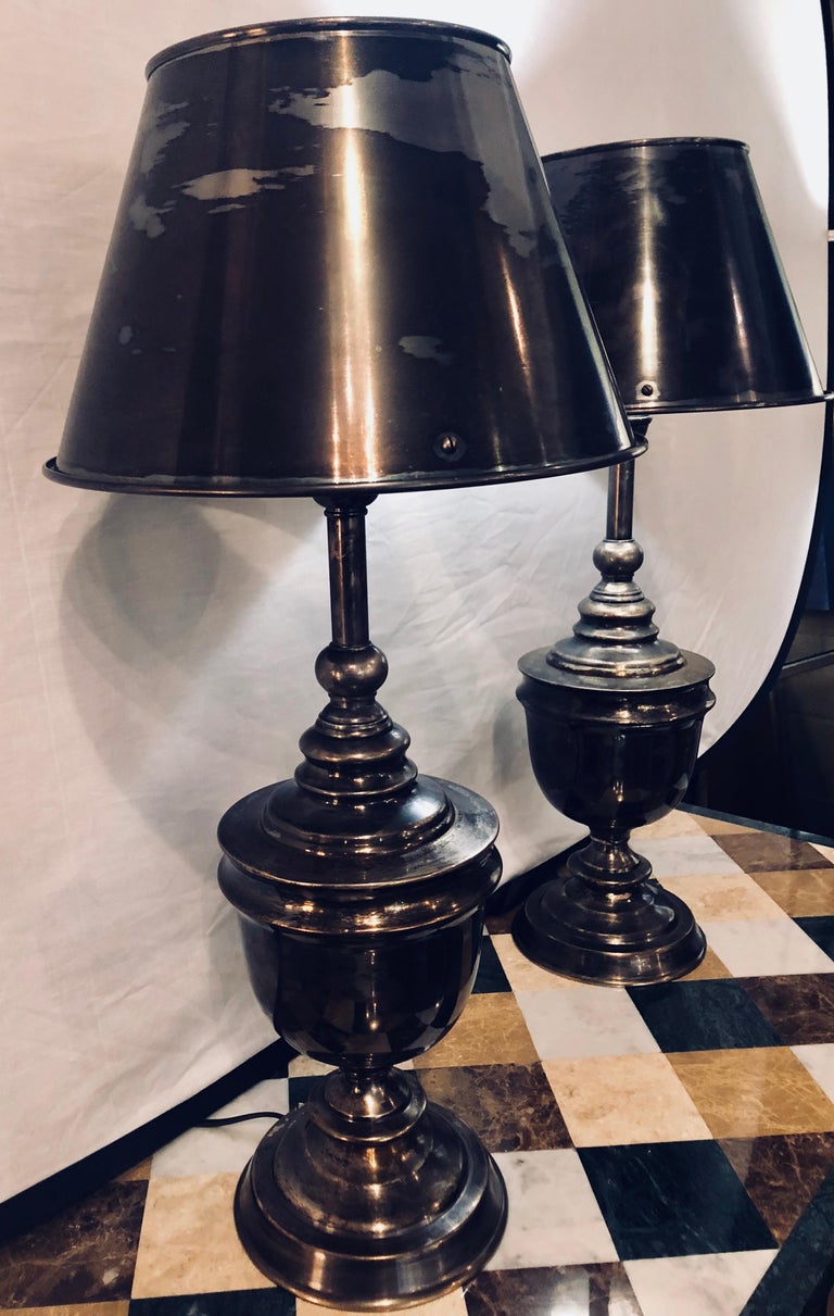 Pair of Industrial Nickel Finish Urn Lamps with Matching Shades For ...