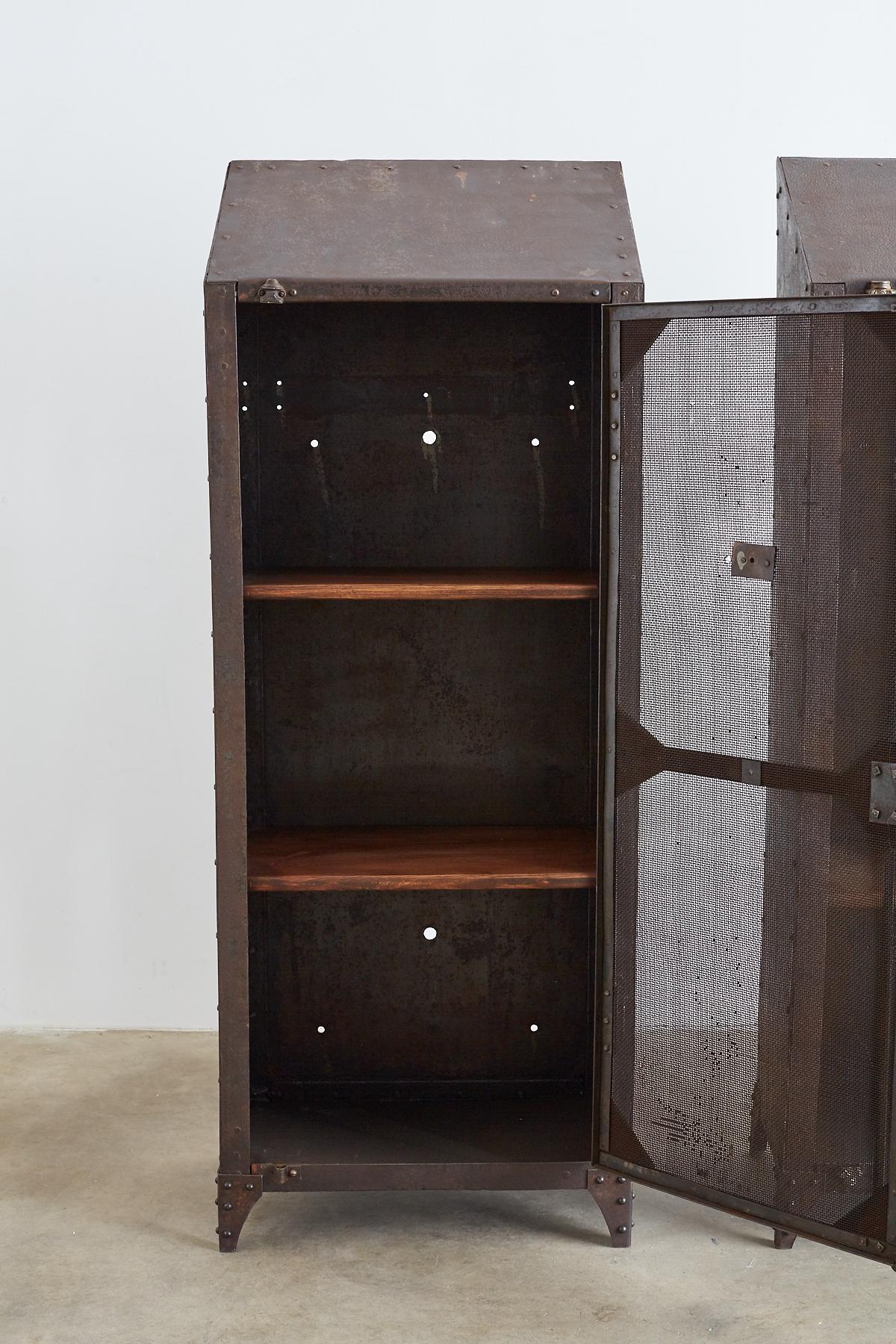 Pair of Industrial Patinated Iron Locker Cabinets at 1stDibs