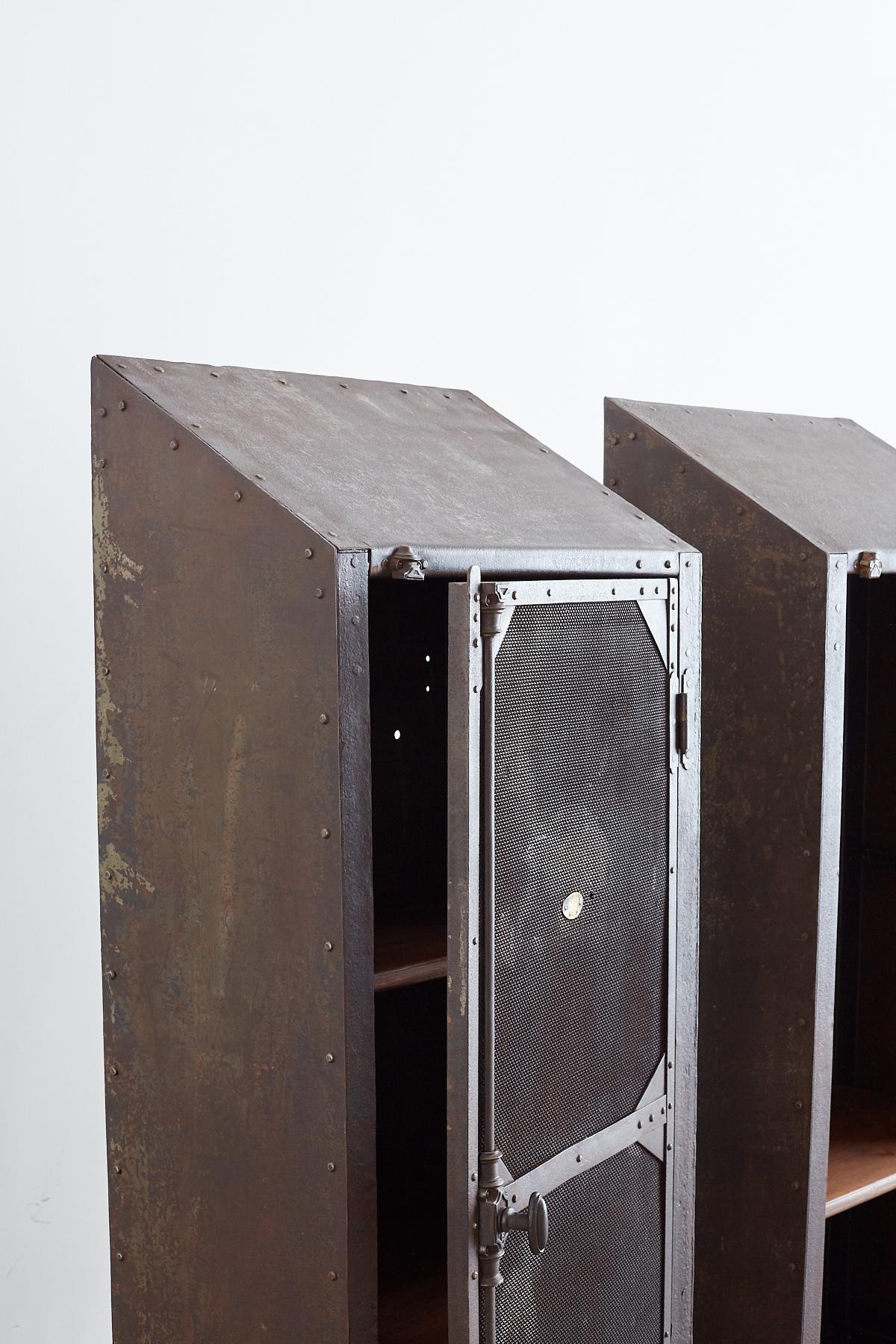 Pair of Industrial Patinated Iron Locker Cabinets at 1stDibs