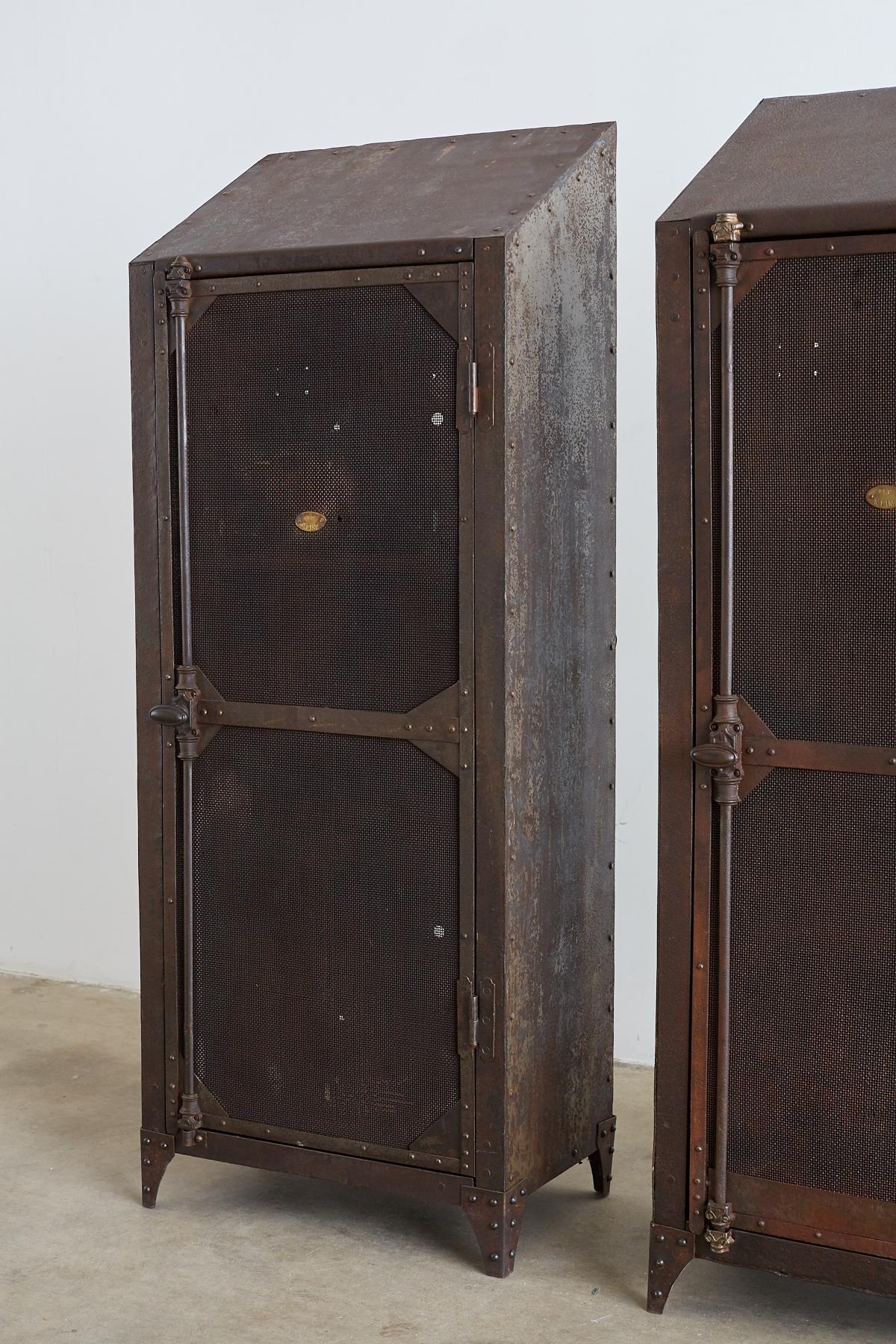 Pair of Industrial Patinated Iron Locker Cabinets at 1stDibs