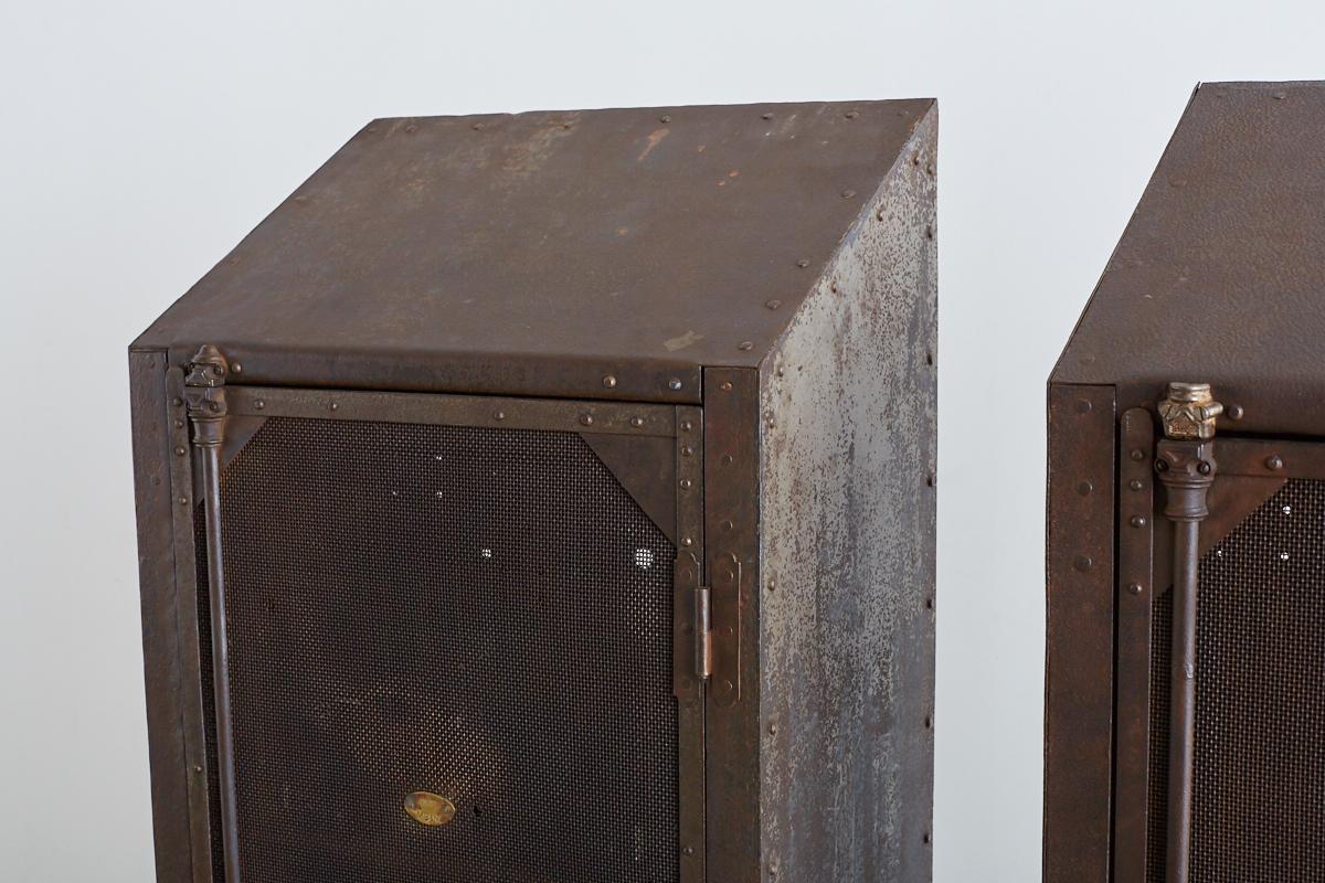 Pair of Industrial Patinated Iron Locker Cabinets at 1stDibs