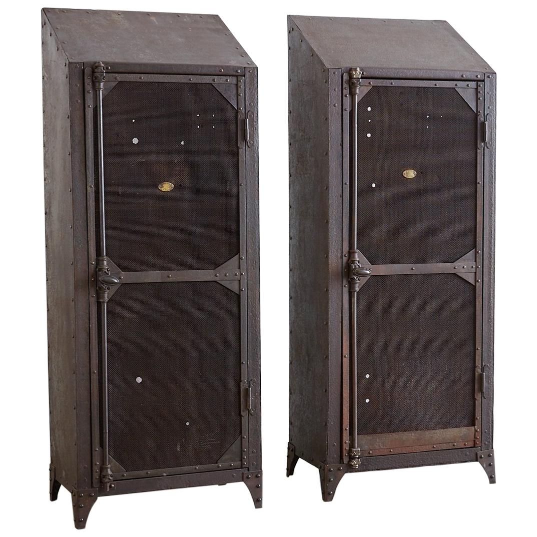 Pair of Industrial Patinated Iron Locker Cabinets at 1stDibs
