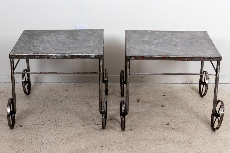 Pair of Industrial Style Metal Tables with Wheels at 1stDibs