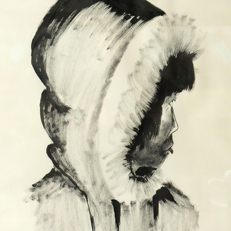 Pair of Inky Inuit Portraits by Alibak Johansen, Greenland, 1990s ...