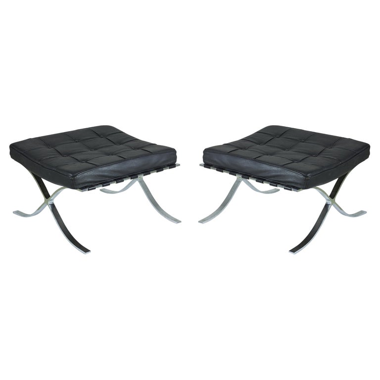 Pair of International Style Black Tufted Leather and Chrome Benches For ...