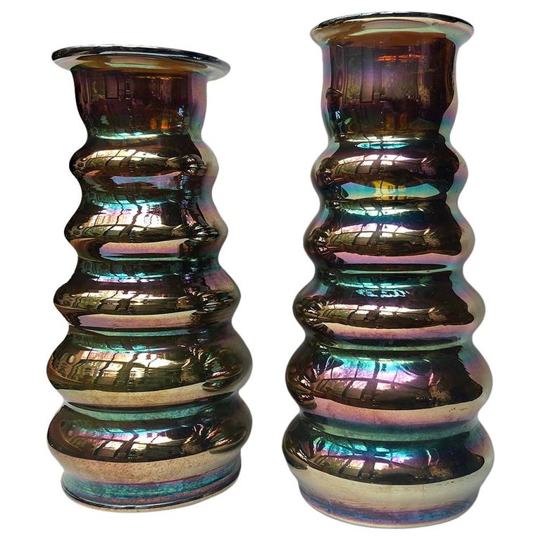 Pair of Iridescent Glass Vases For Sale at 1stDibs