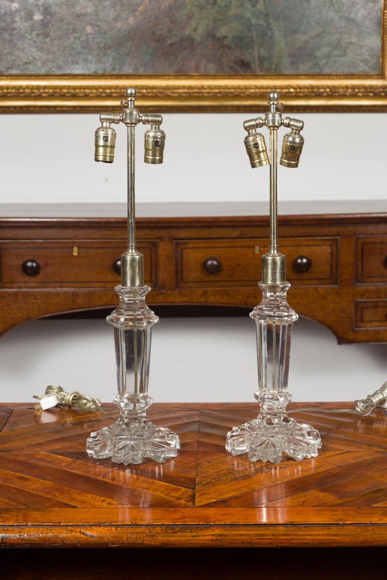 Pair of Irish Crystal 1850s Two-Light Table Lamps with Floral Shaped ...