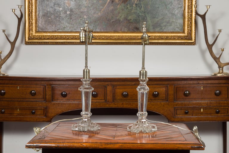 Pair of Irish Crystal 1850s Two-Light Table Lamps with Floral Shaped ...