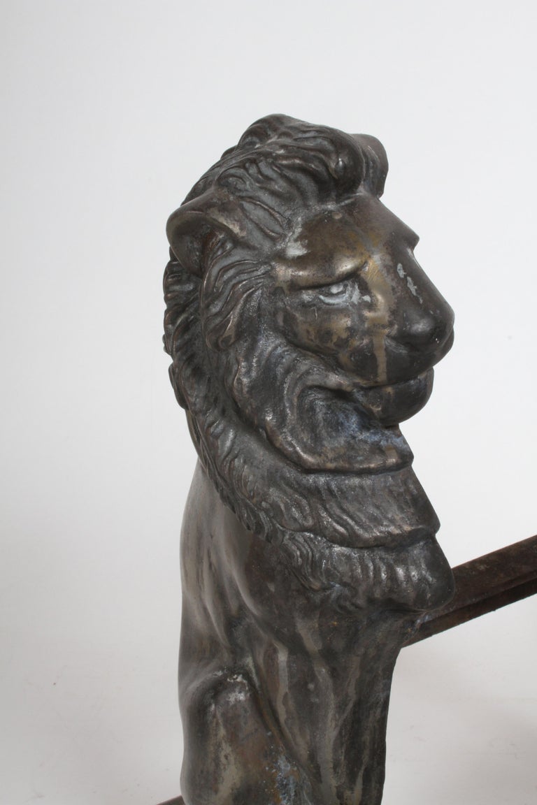 Pair of Iron Andirons or Fire Dogs Modeled as Lions after Artist Alfred ...