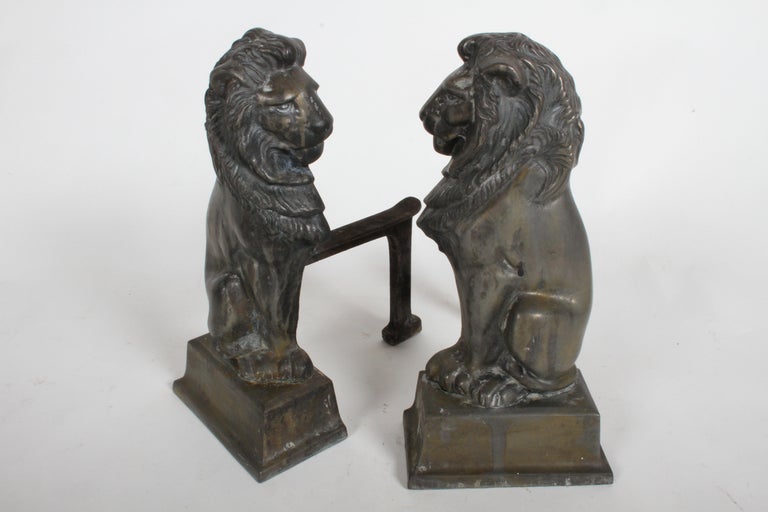 Pair of Iron Andirons or Fire Dogs Modeled as Lions after Artist Alfred ...
