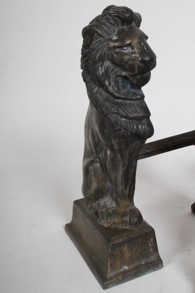 Pair of Iron Andirons or Fire Dogs Modeled as Lions after Artist Alfred ...