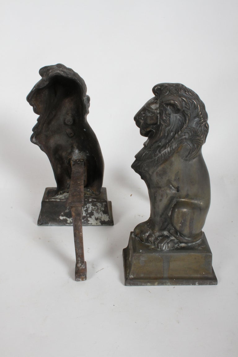 Pair of Iron Andirons or Fire Dogs Modeled as Lions after Artist Alfred ...