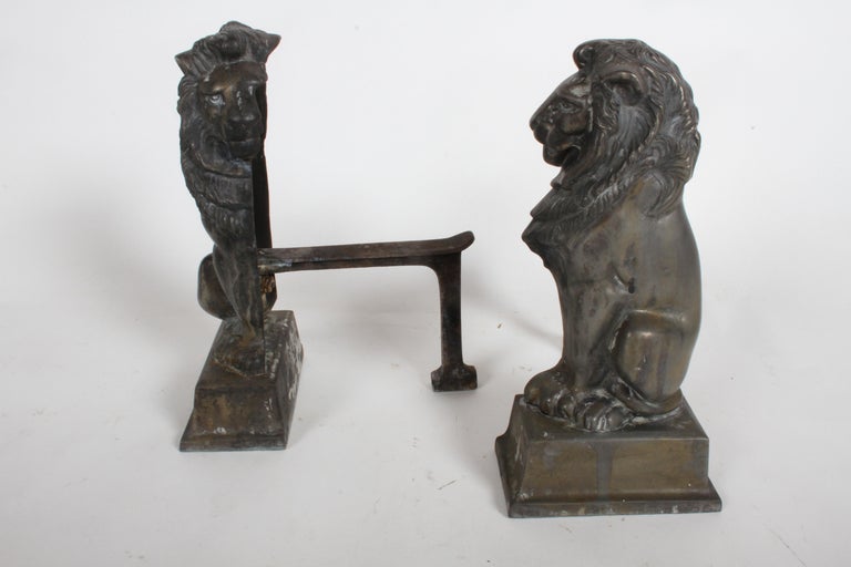 Pair of Iron Andirons or Fire Dogs Modeled as Lions after Artist Alfred ...