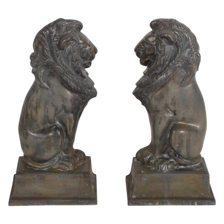 Pair of Iron Andirons or Fire Dogs Modeled as Lions after Artist Alfred ...