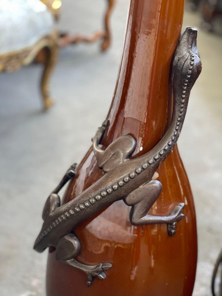 Pair of Iron-Mounted Glazed Earthenware Vases For Sale at 1stDibs