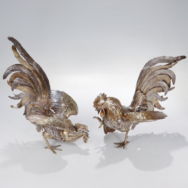 Pair of Israel Freeman and Son Sterling Silver Table Fighting Cockerels ...