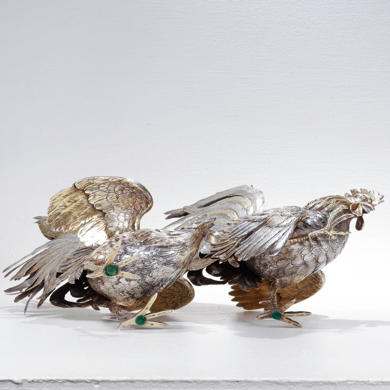 Pair of Israel Freeman and Son Sterling Silver Table Fighting Cockerels ...