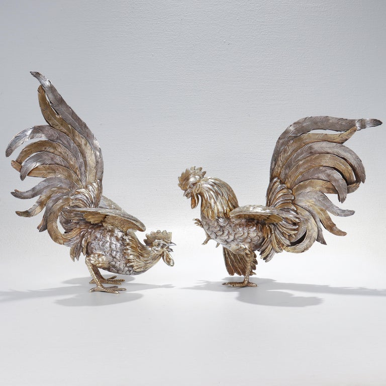 Pair of Israel Freeman and Son Sterling Silver Table Fighting Cockerels ...