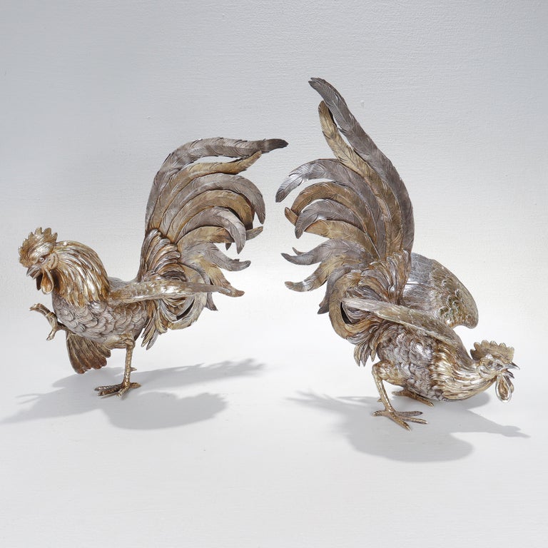 Pair of Israel Freeman and Son Sterling Silver Table Fighting Cockerels ...