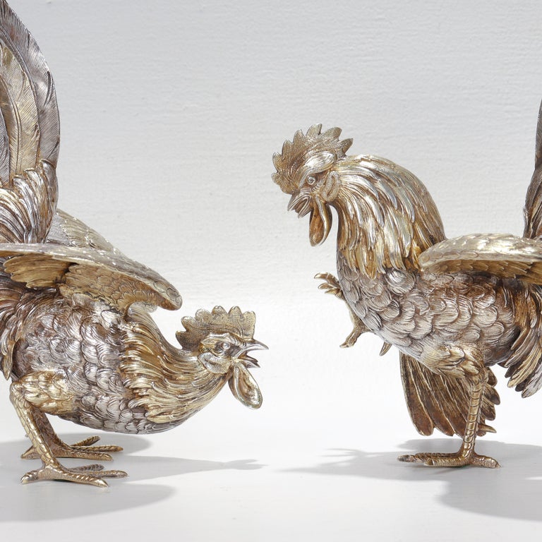 Pair of Israel Freeman and Son Sterling Silver Table Fighting Cockerels ...