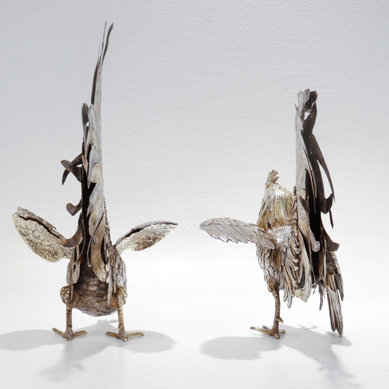 Pair of Israel Freeman and Son Sterling Silver Table Fighting Cockerels ...